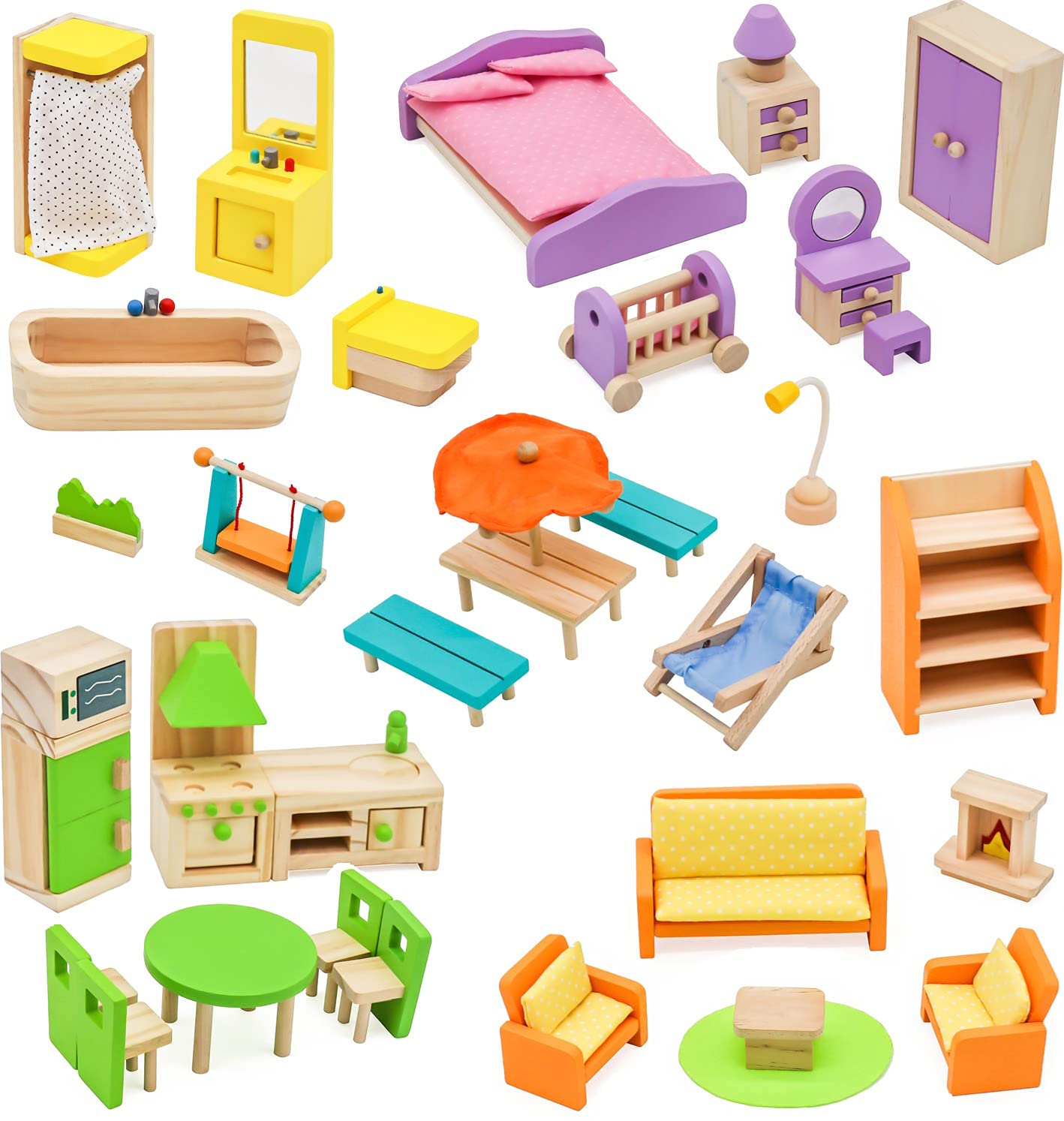Pidoko Kids Dollhouse Furniture -Fully Furnished Bundle Set - (42 Pcs for 5 Rooms) - Wooden Toys