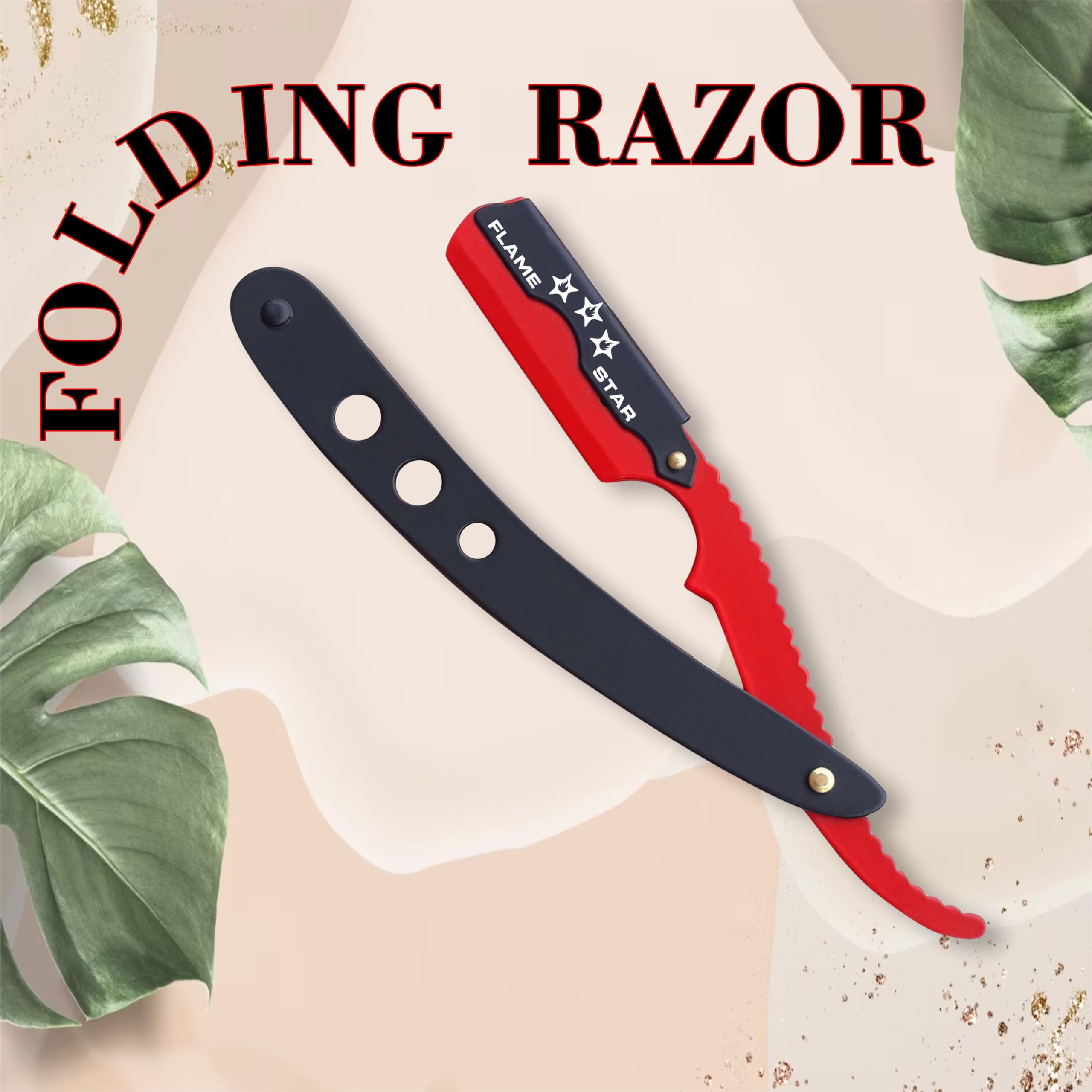 Black Red Barber Staright Edge Salon Hair Cut Razor 100% Stainless Steel with 10 Blades by "FLAME STAR"