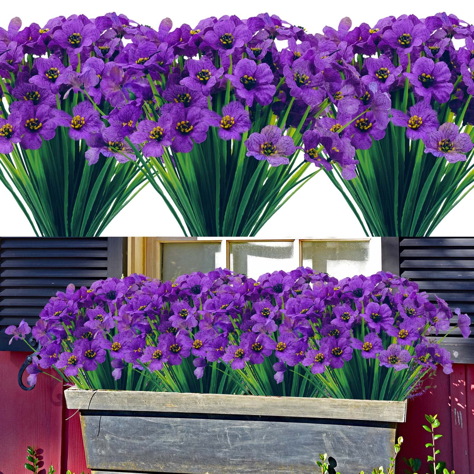 SOFYOURS 16 Bundles Artificial Flowers Purple Outdoor UV Resistant Plant No Fade Fake Flowers for Garden Porch Window Box