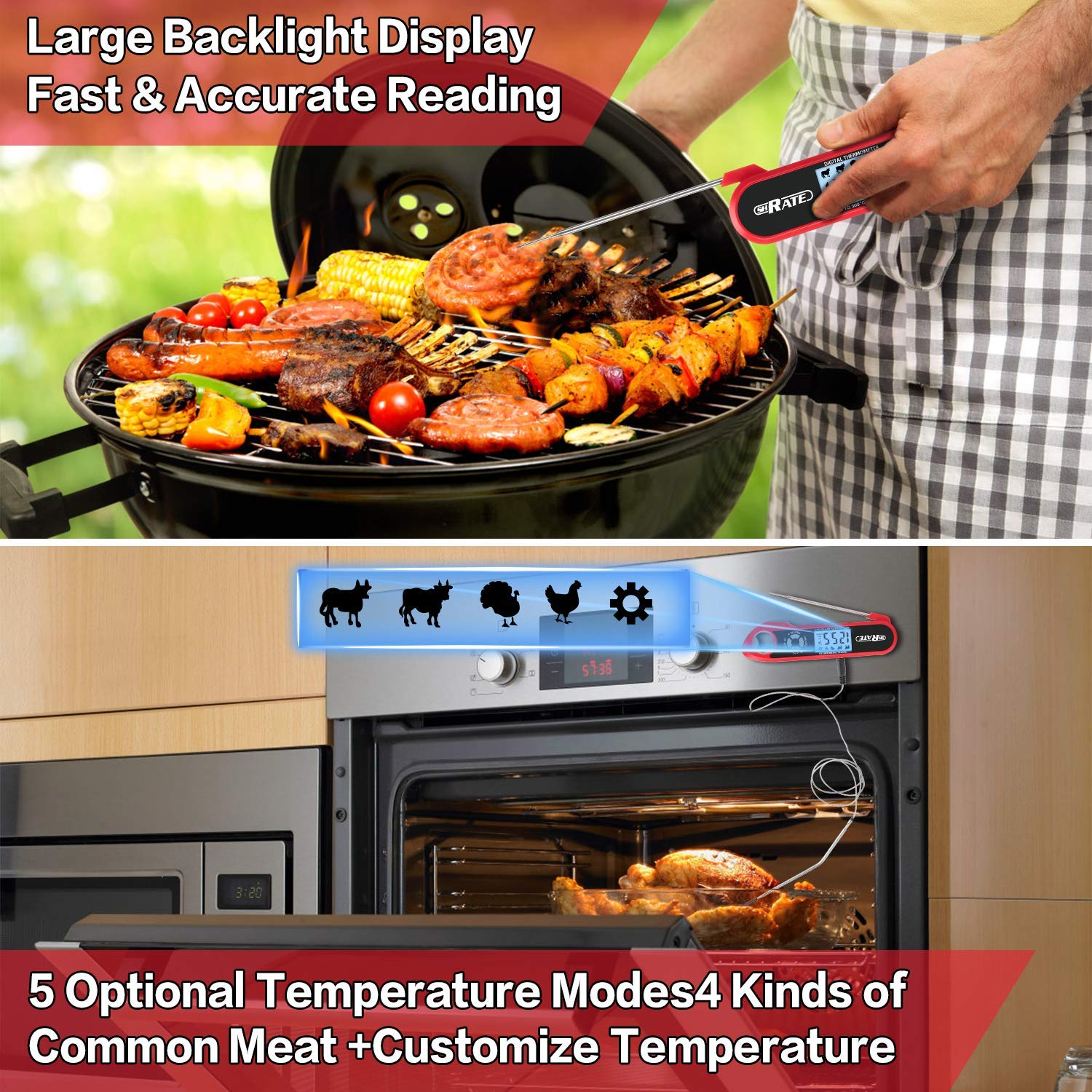 Digital Meat Thermometer for Oven, 5 Meat Temperature Settings 2-in-1 IP67 Waterproof 2s Instant Read Grill Cooking Food Thermometer with Dual Probe Magnet for Kitchen, Grill, BBQ, Turkey(Red)