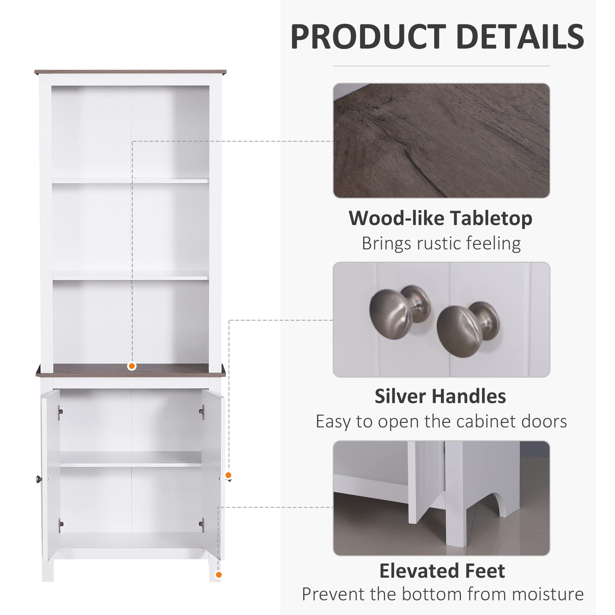 HOMCOM 69'' Freestanding Storage Cabinet, Bathroom Linen Tower, Kitchen Cupboard, Buffet Cabinet, Bookcase with Double Door 3-Tier Shelf for Home Office, White