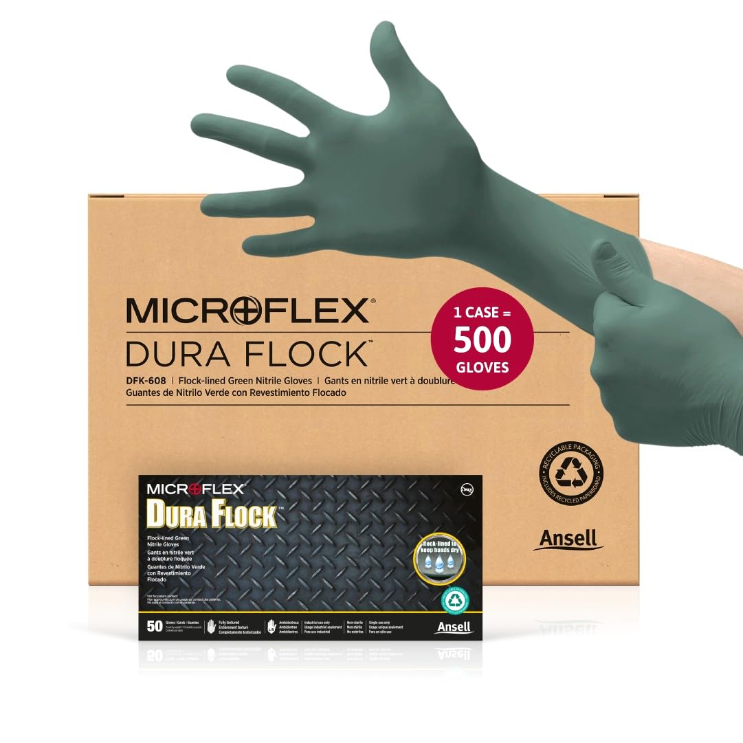Microflex Dura Flock DFK-608 Thick 11mil Nitrile Gloves w/Flock Lining for Automotive, Aftermarket, Machinery - X-Large, Green (Case of 500)