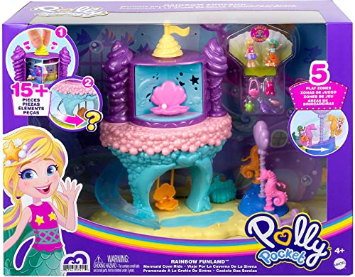 Polly Pocket Rainbow Funland Mermaid Cove Ride Playset, Polly & Mermaid Dolls, Accessories, Dispenser Feature for Surprises, Great Gift for Ages 4 & Up