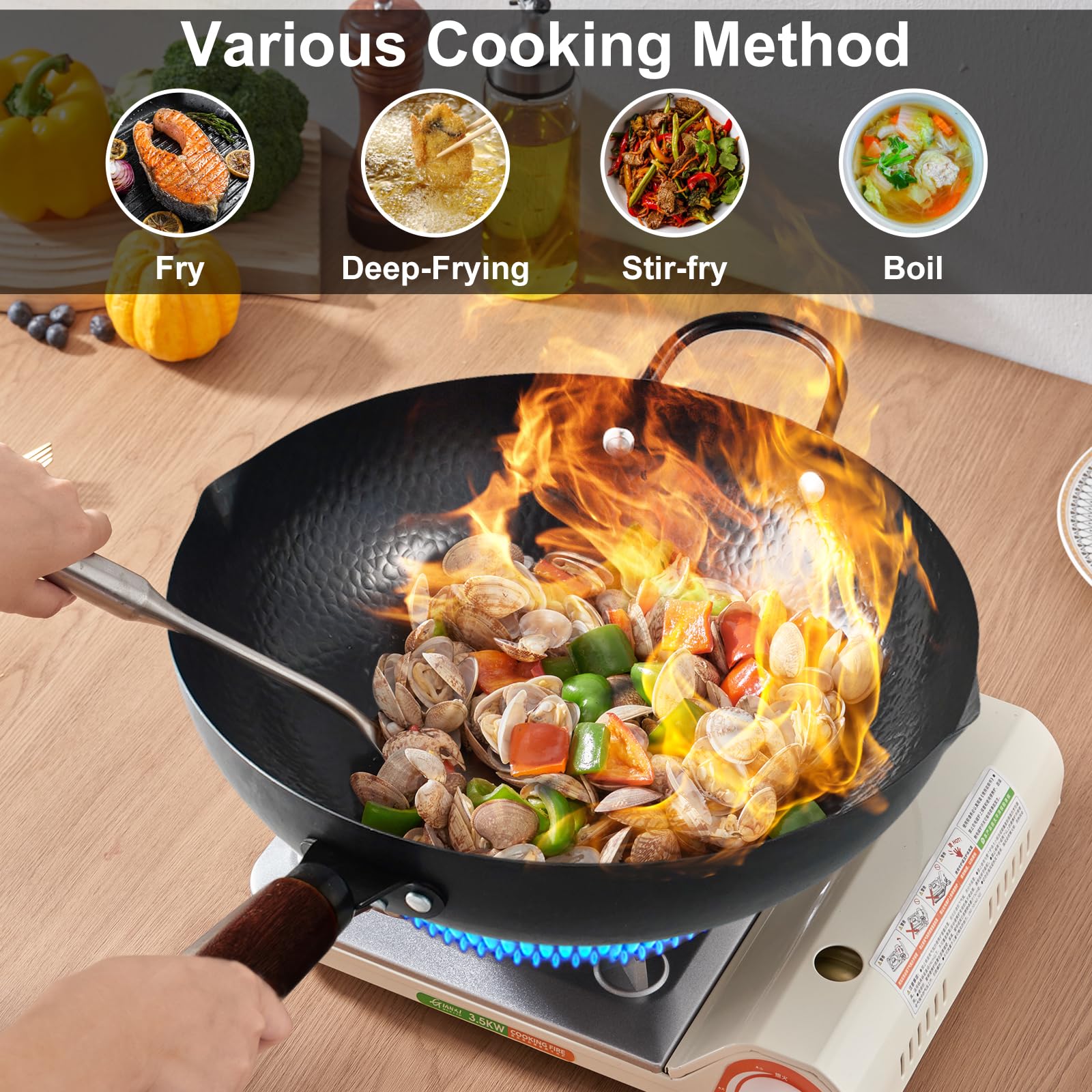 FNT Carbon Steel Wok Pan with Double Spouts, Woks & Stir-Fry Pans Nonstick with Wooden and Steel Helper Handle 11.8 Inches(Flat Bottom)
