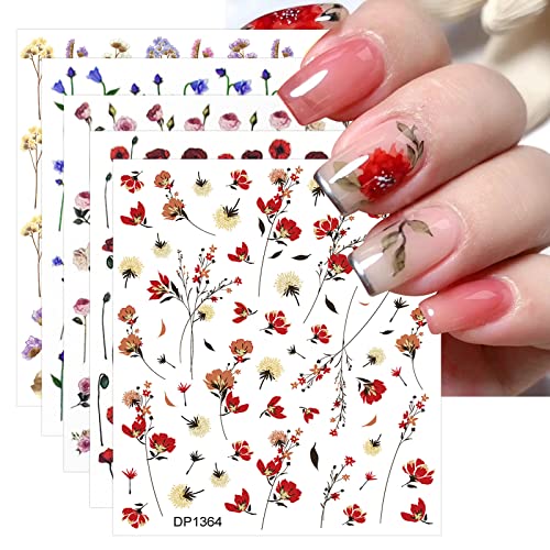 JMEOWIO 6 Sheets Spring Flower Nail Art Stickers Decals Self-Adhesive Pegatinas Uñas Summer Leaves Floral Nail Supplies Nail Art Design Decoration Accessories