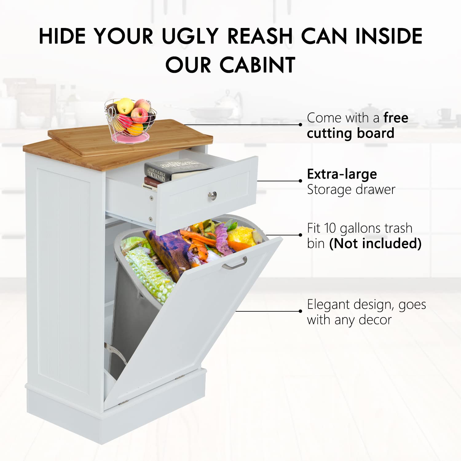 KINBOR BABY Recycling Tilt Out Trash Cabinet - Trash Bin Cabinet for Kitchen with Drawer and Removable Bamboo Cutting Board, White