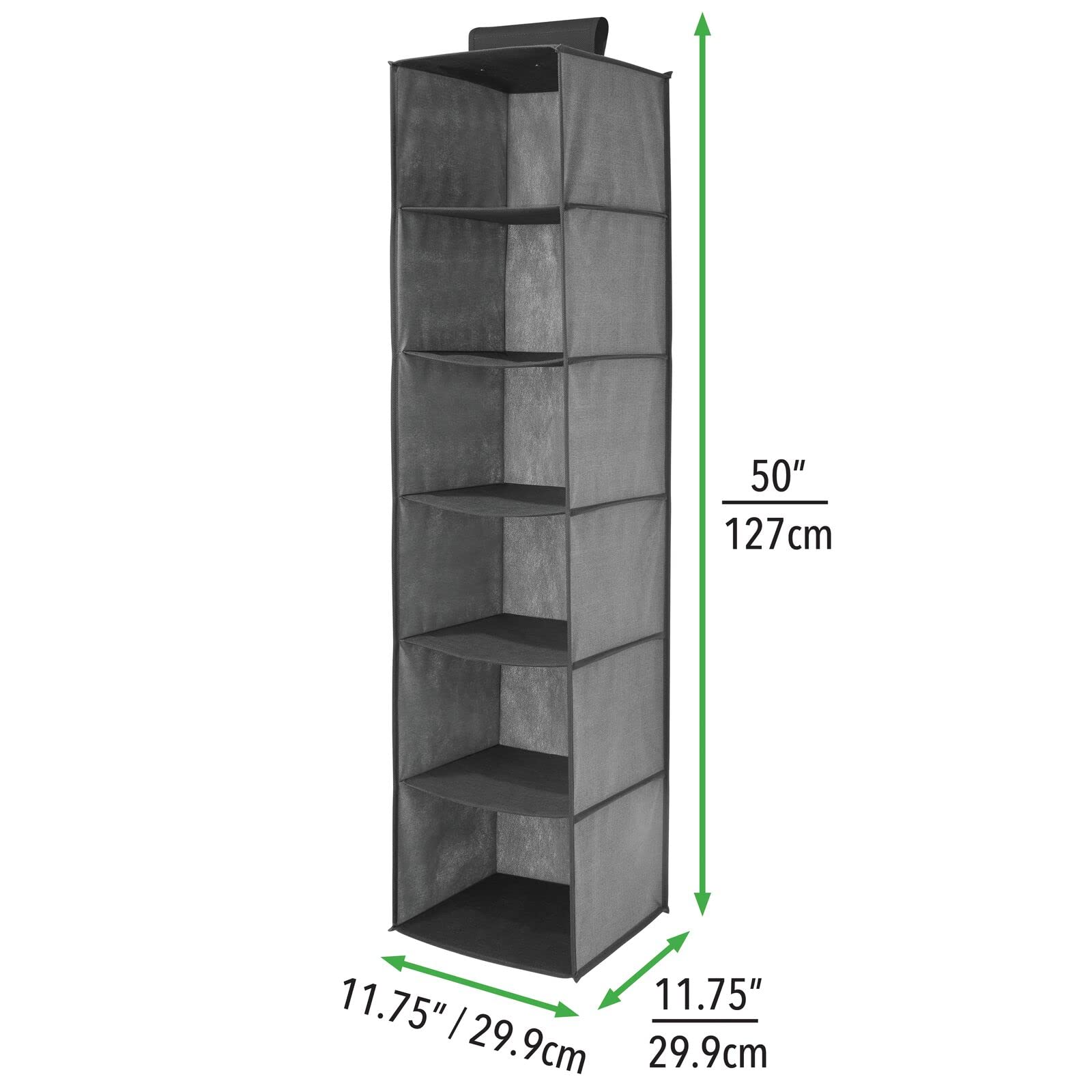 mDesign Long Soft Fabric Over Closet Rod Hanging Storage Organizer with 6 Shelves for Clothes, Leggings, Lingerie, T Shirts - Textured Print with Solid Trim - 2 Pack - Charcoal Gray/Black