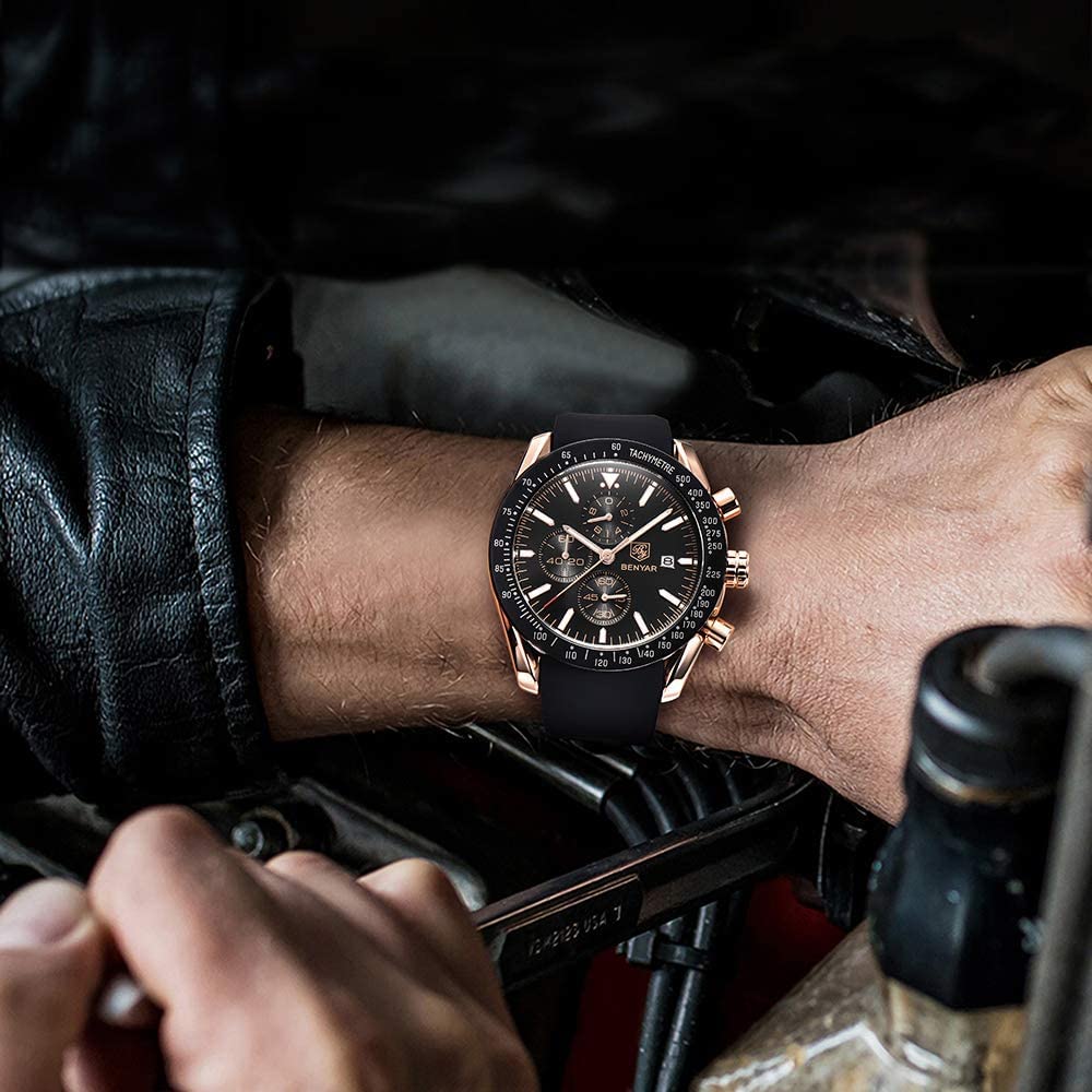 BENYAR - Stylish Wrist Watch for Men Silicone Strap Watches Quartz Movement, Waterproof and Scratch Resistant, Analog Chronograph Business Watch Mens Gift