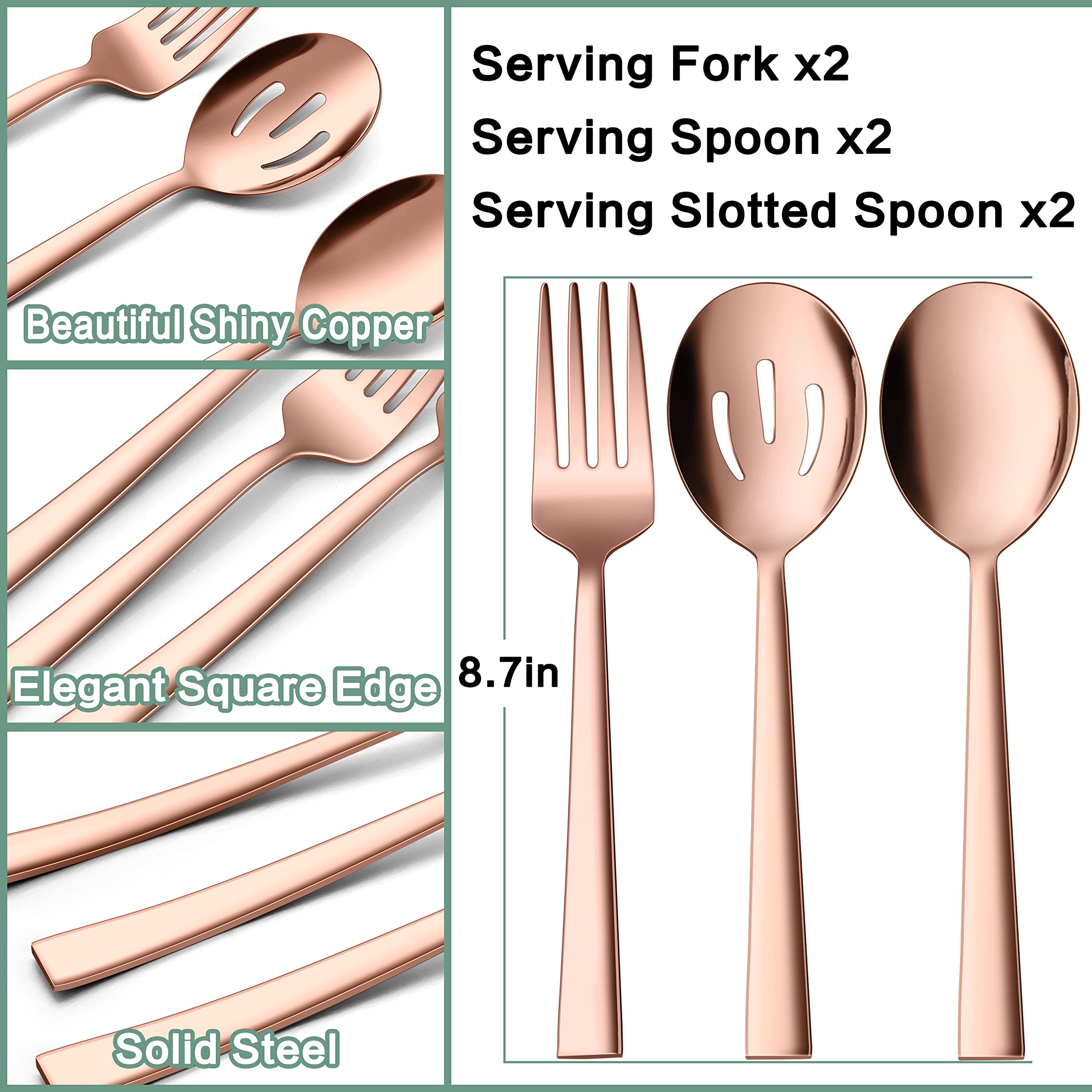 Black Serving Utensils Set of 6, E-far Stainless Steel 8.7 Inch Hostess Serving Set with Square Edge, Metal Serving Slotted Spoons Forks for Party Buffet Catering, Mirror Finished
