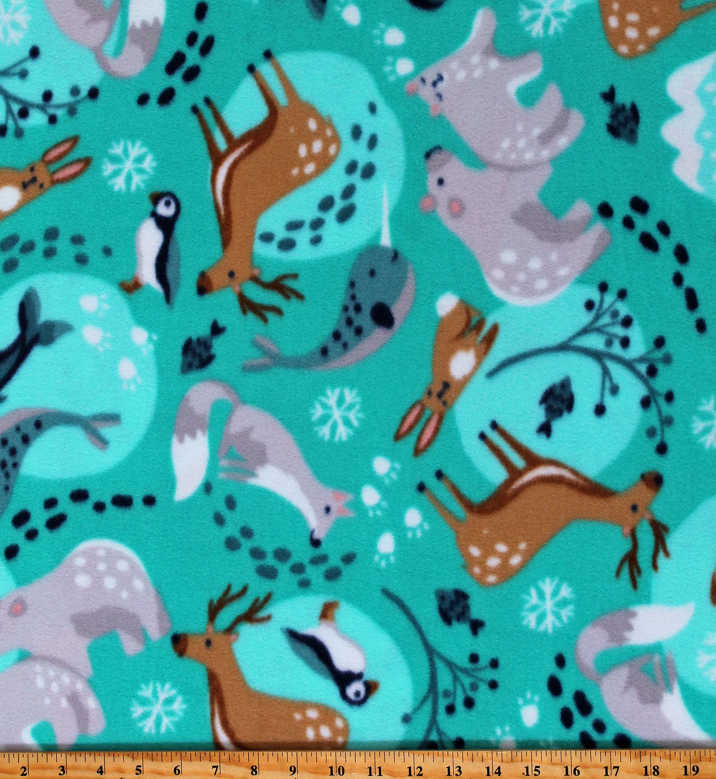 Fleece Polar Pals Winter Woodland Animals Deer Bunnies Penguins Polar Bears Narwhals Foxes Seals Kids Turquoise Fleece Fabric Print by The Yard (53677-1)