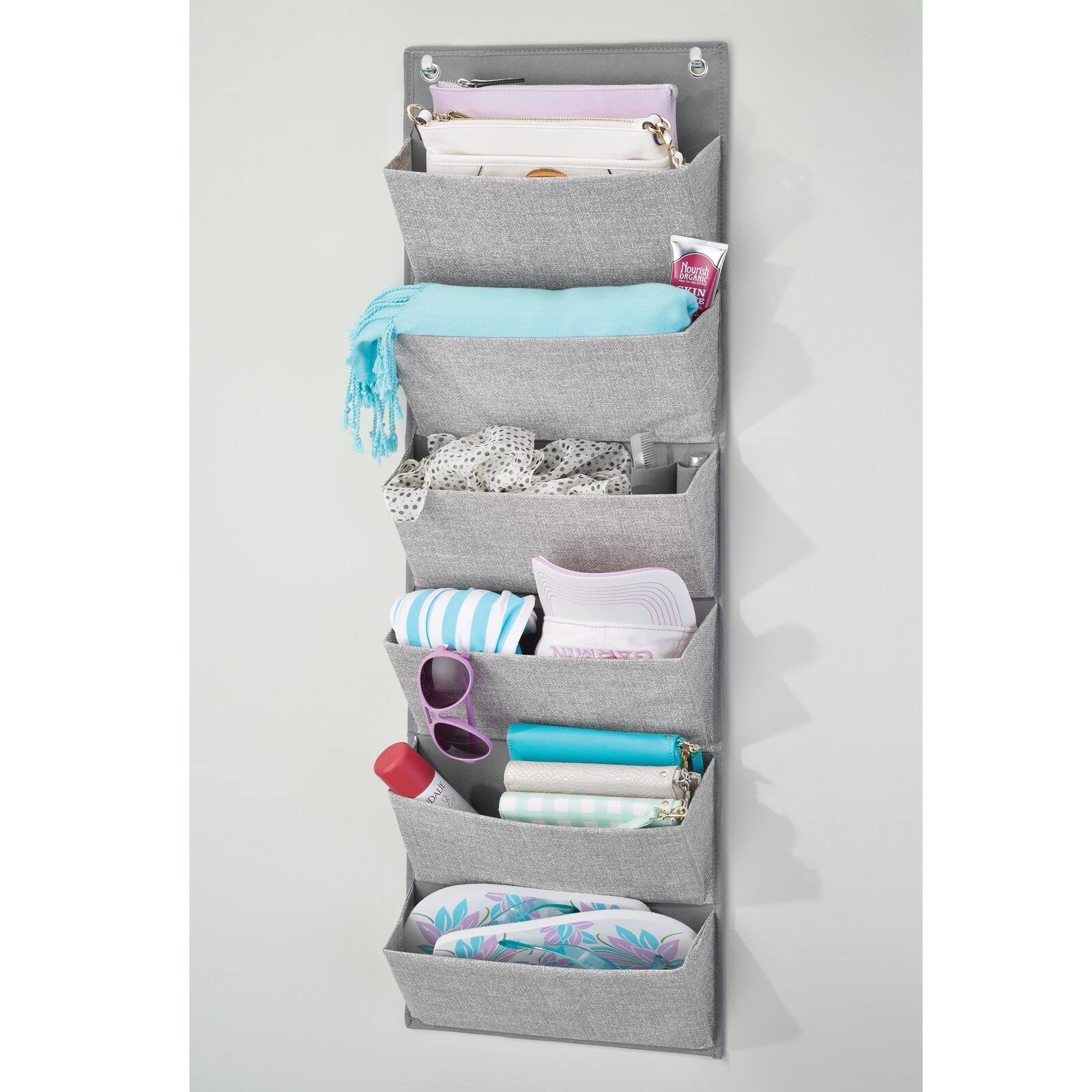 mDesign Soft Fabric Over The Door Hanging Storage Organizer with 6 Large Pockets for Closets in Bedrooms, Hallway, Entryway, Mudroom - Textured Print - Hooks Included - Gray