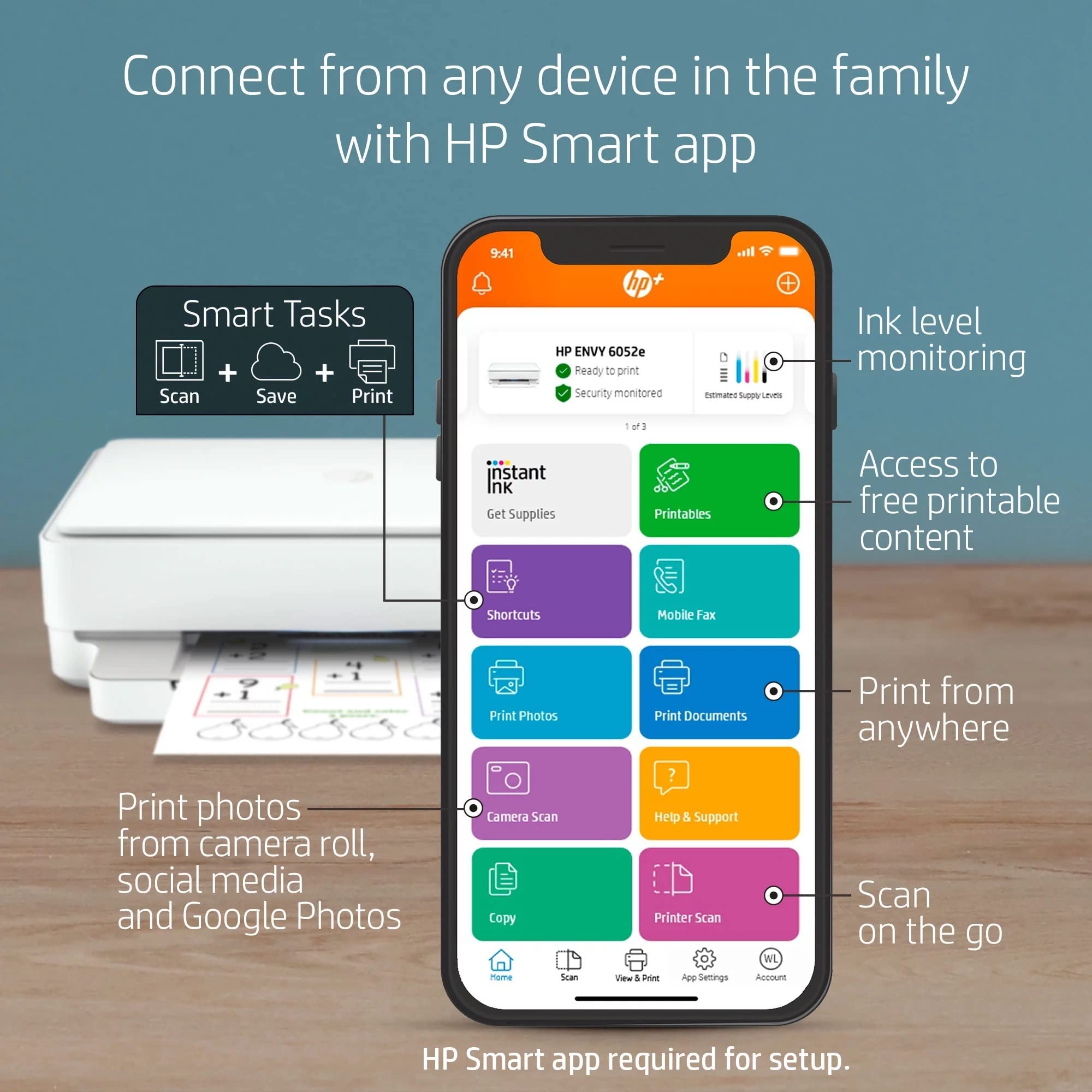 HP Envy 6052e All-in-One Wireless Color Inkjet Printer, Print Copy Scan, 2-Sided Printing, WiFi USB Bluetooth Connectivity, Instant Ink Ready, White (Renewed)