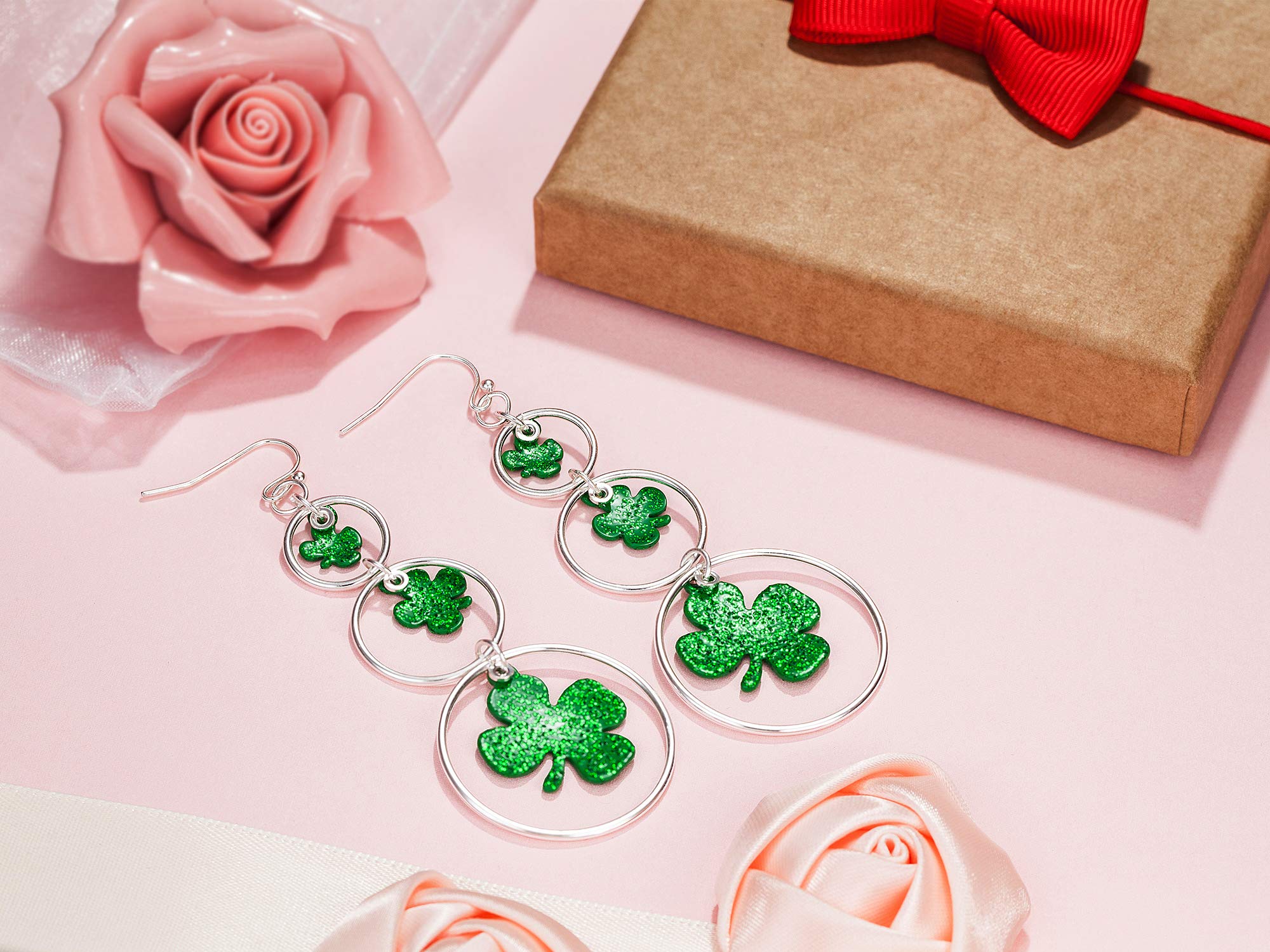 RareLove Silver Plated Interlocking Circle Shamrock Piercing Dangle Earrings Alloy St Patrick's Day Gift For Women