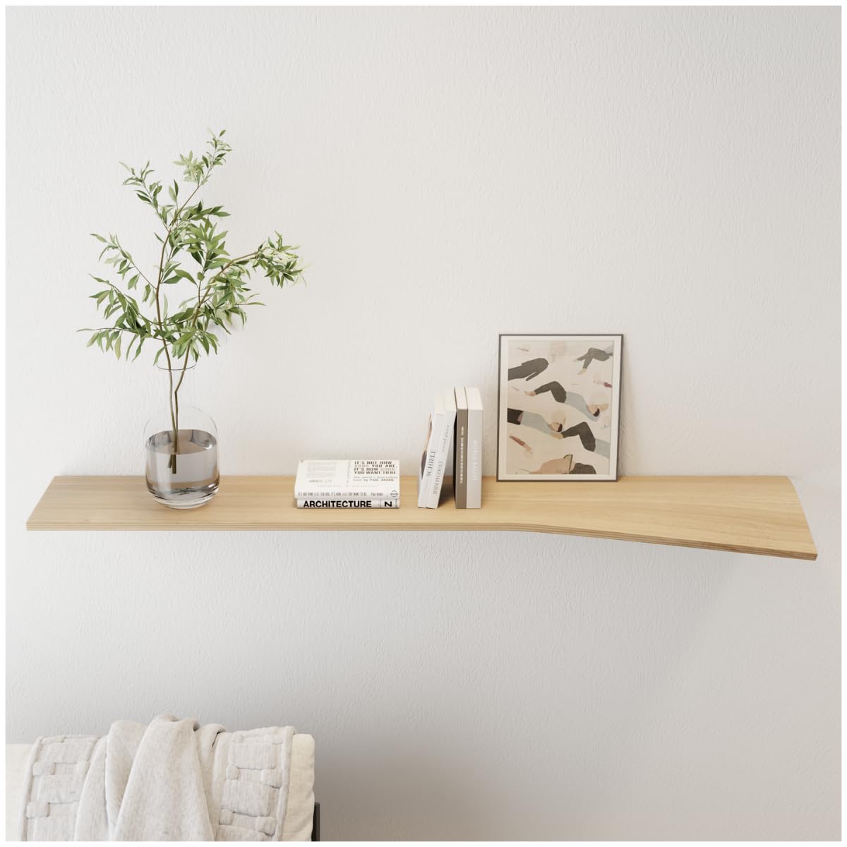 EWART WOODS Floating Shelf Wall Mounted, Walnut Hanging Shelving, Curved Living Room Decor, Wooden Bracketless Etagere, Bookshelf Geometric, Folder Corner (Oak, Small (23.6 in))