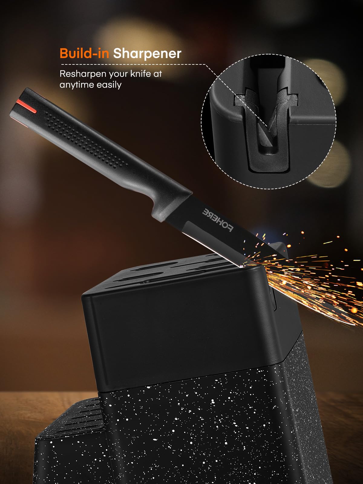 FOHERE Knife Set with Block 13 Pieces Stainless Steel Knife Sets for Kitchen with Built-in Sharpener Sharp Kitchen Knife Block Set with Granite Pattern, Anti-slip Handle Rust Resistant, Black