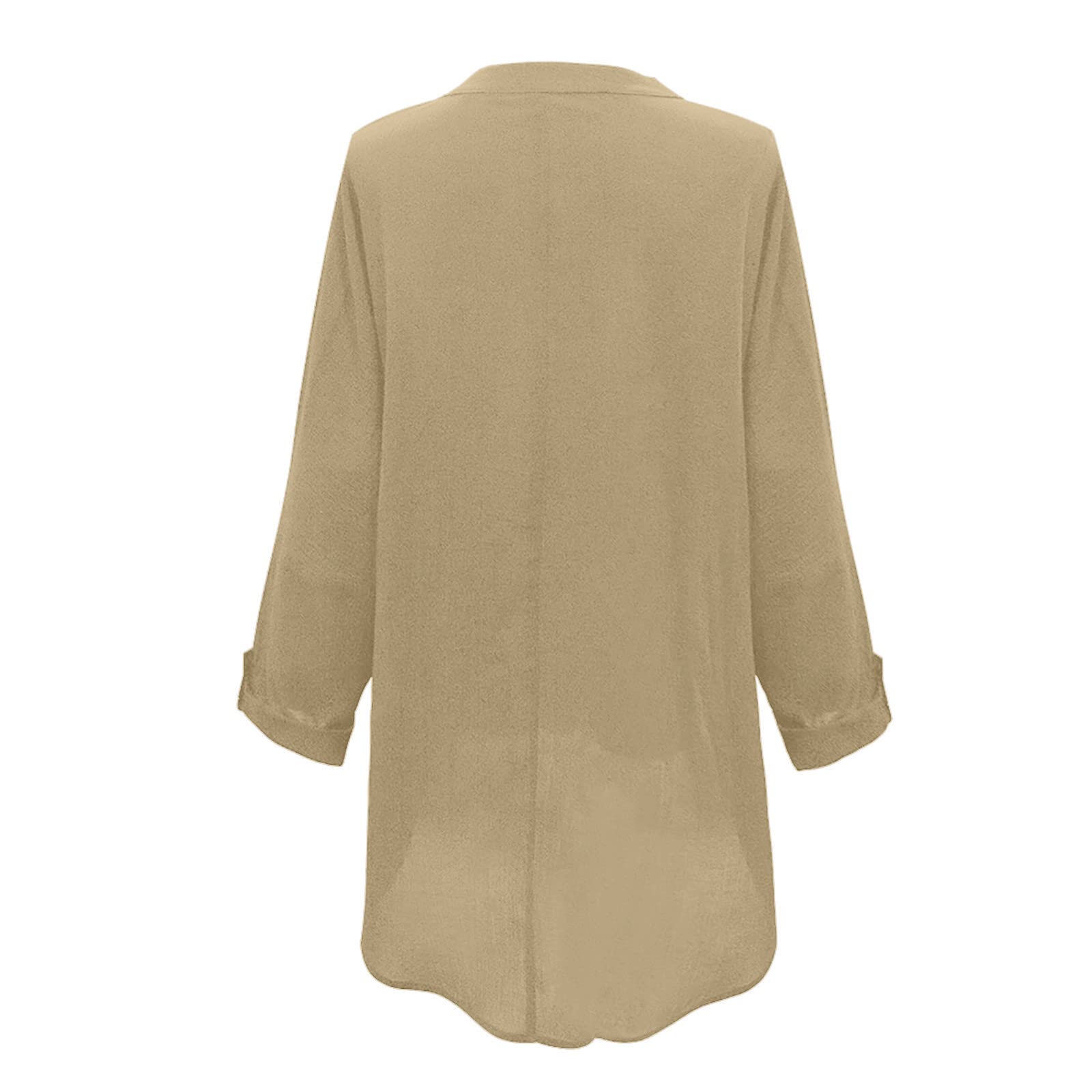 Camiseta Manga Larga Color LISO para Mujer túnica ocio Blusa cómoda Cuello en V Camiseta sin Mangas algodón y lino,Khaki,Medium