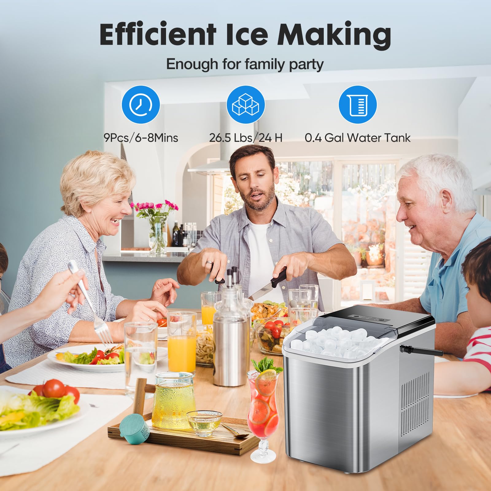 DUMOS Stainless Steel Countertop Ice Maker, Portable Self-Cleaning Ice Machine with Handle, Ice Scoop and Basket, 6 Mins/9 Pcs, 26.5lbs/24Hrs, 2 Sizes of Bullet Ice for Kitchen Party, Silver