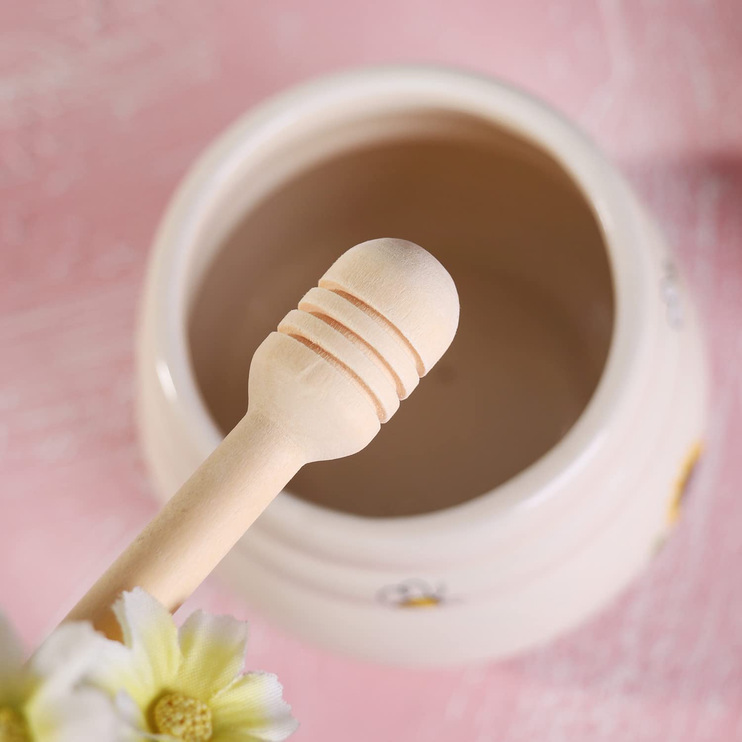 Ceramic Honey Jar with Wooden Honey Dipper-Honey Pot with Dipper- Honey Jar with Stand, Great Bee Decor- Farmhouse Kitchen Decor