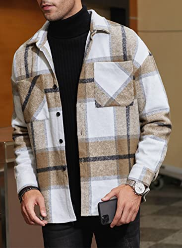 JMIERR Plaid Shacket Men Casual Button Down Shirts Long Sleeve Lightweight Classic Jackets Tops with Pockets,US 43(L),Brown
