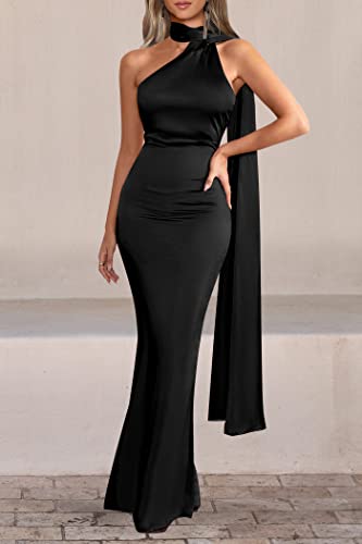 PRETTYGARDEN Women's Maxi Satin Dress Sleeveless Halter Neck Backless Long Formal Evening Cocktail Dresses (Black,Small)