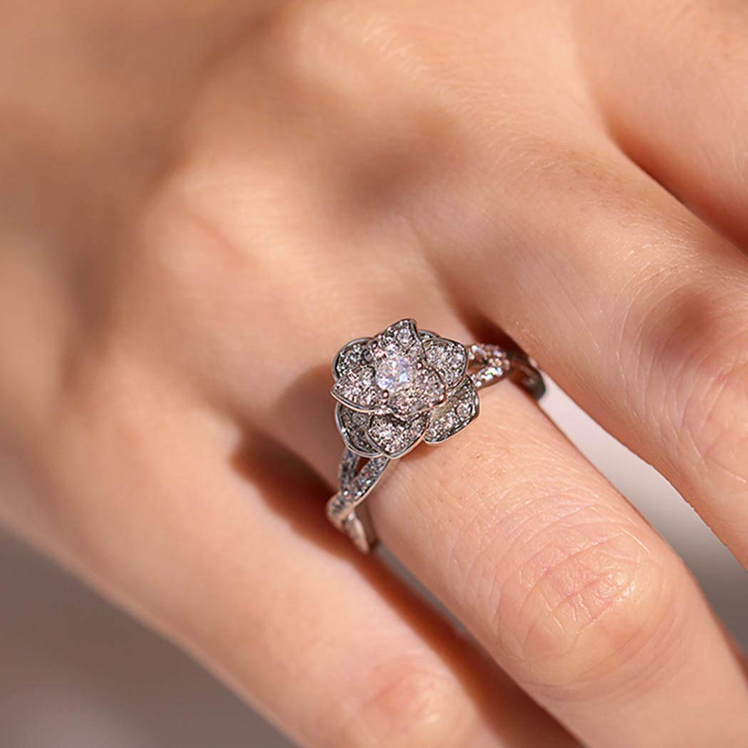 Brishow Silver Wedding Statement Ring CZ Simulated Diamond Rings Flower Band Engagement Bands for Women and Girls Size 6-10