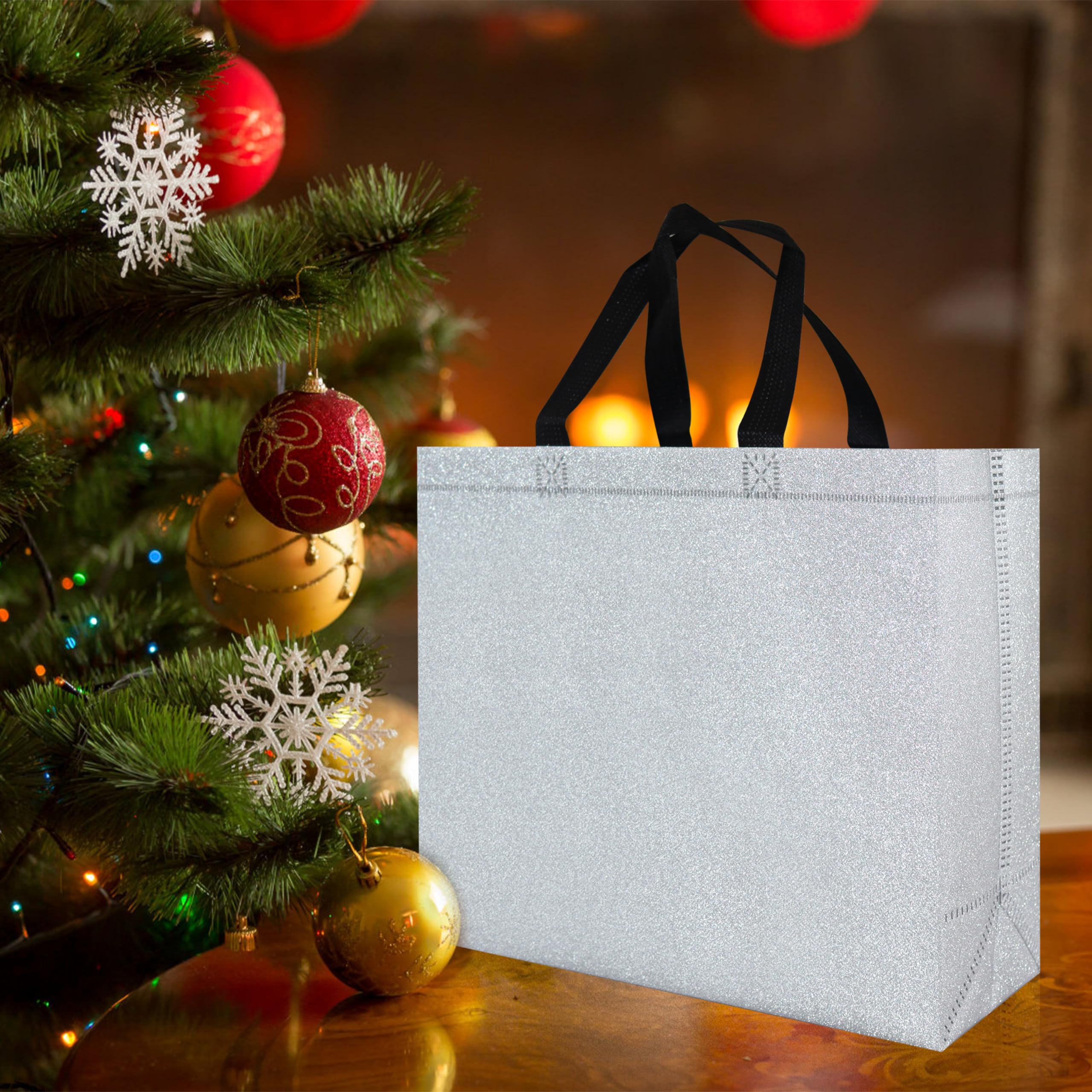 CHENGBAI TOTE Silver Reusable Gift Bags 12 Pcs, Holiday glitter bag Bulk with Base, Flashing Non Woven Gift Bags for Gift Wrapping, Birthdays, Weddings, Party, Christmas