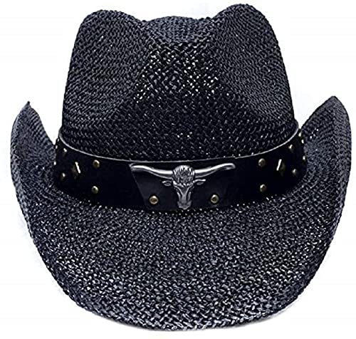 Black Straw Cowboy Hat for Men, Faux Leather, Longhorn, Shapeable Brim