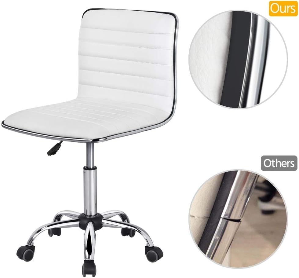 BRISKAIR Adjustable Task Chair PU Leather Low Back Ribbed Armless Swivel White Desk Chair Office Chair with Wheels