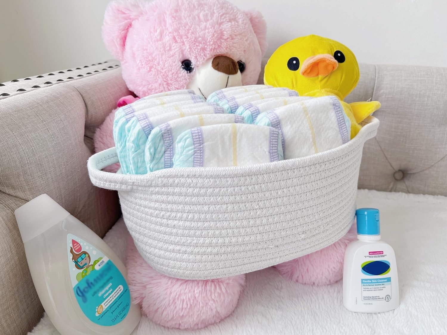 GiftExpress White Woven Gift Basket, Clear Cellophane Bag & Ribbon - 13" x 8" x 5" Cotton Rope Empty Decorative Gifting Basket - Cute Soft Organizing Raffle Storage Bin w/ Handles