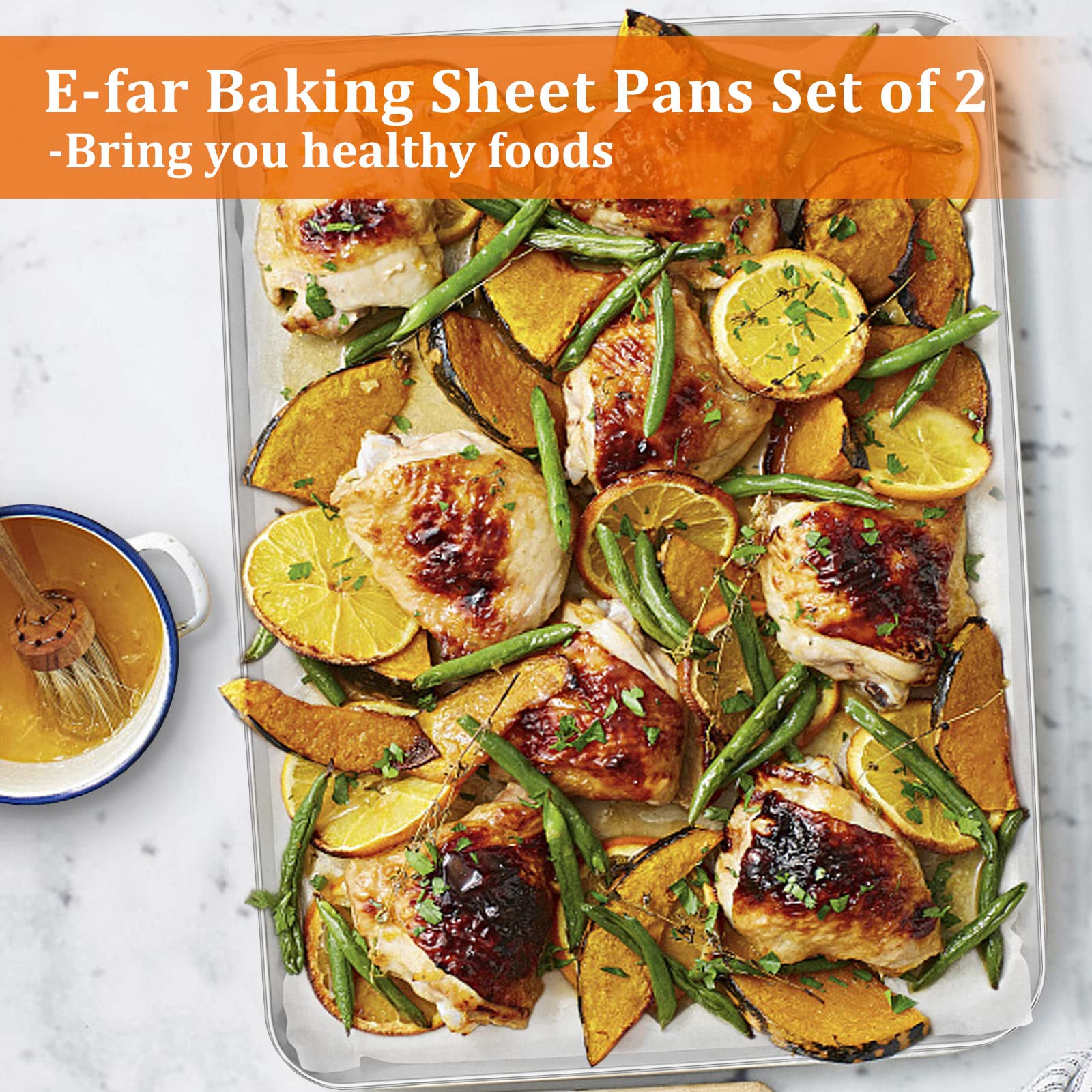 E-far Baking Cookie Sheet Set of 2, 16”x12” Stainless Steel Baking Sheet Pan with 50 Parchment Paper, Rectangle Baking Tray for Cooking Roasting, Rust Free & Heavy Duty, Oven & Dishwasher Safe