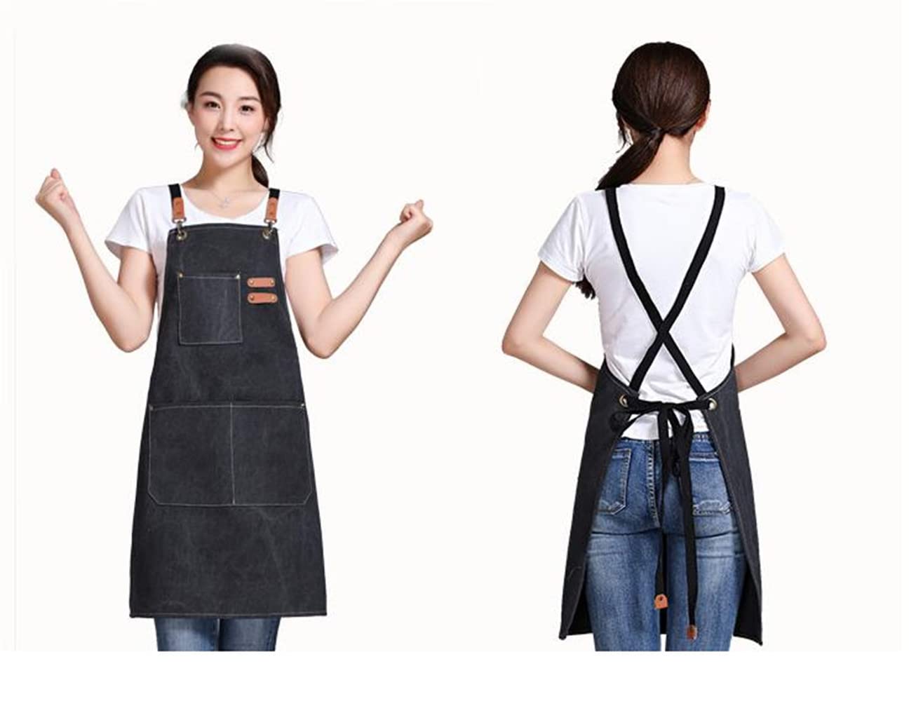 Cotton Canvas Apron for Artists Painting,Chef Apron with Cross Back Straps for Men Women, Kitchen Cooking (Black)