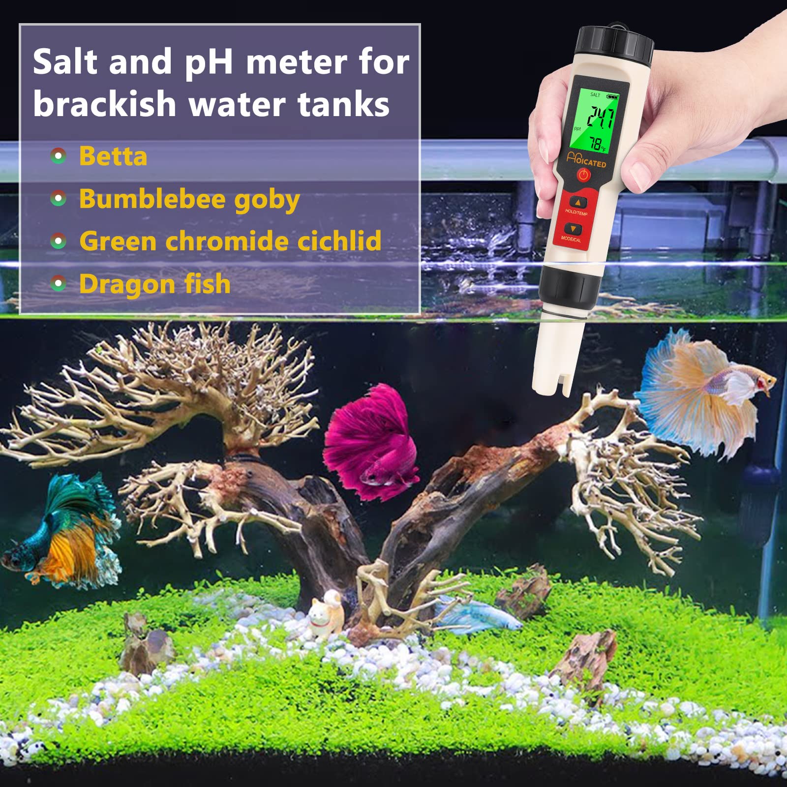Digital Salinity and pH Tester for Saltwater Pool, HOICATED 5 in 1 pH Salt TDS EC Temp Meter for Swimming Pool Water, Accurate Salt Tester for Saltwater Aquariums, PPM and EC Meter for Hydroponics