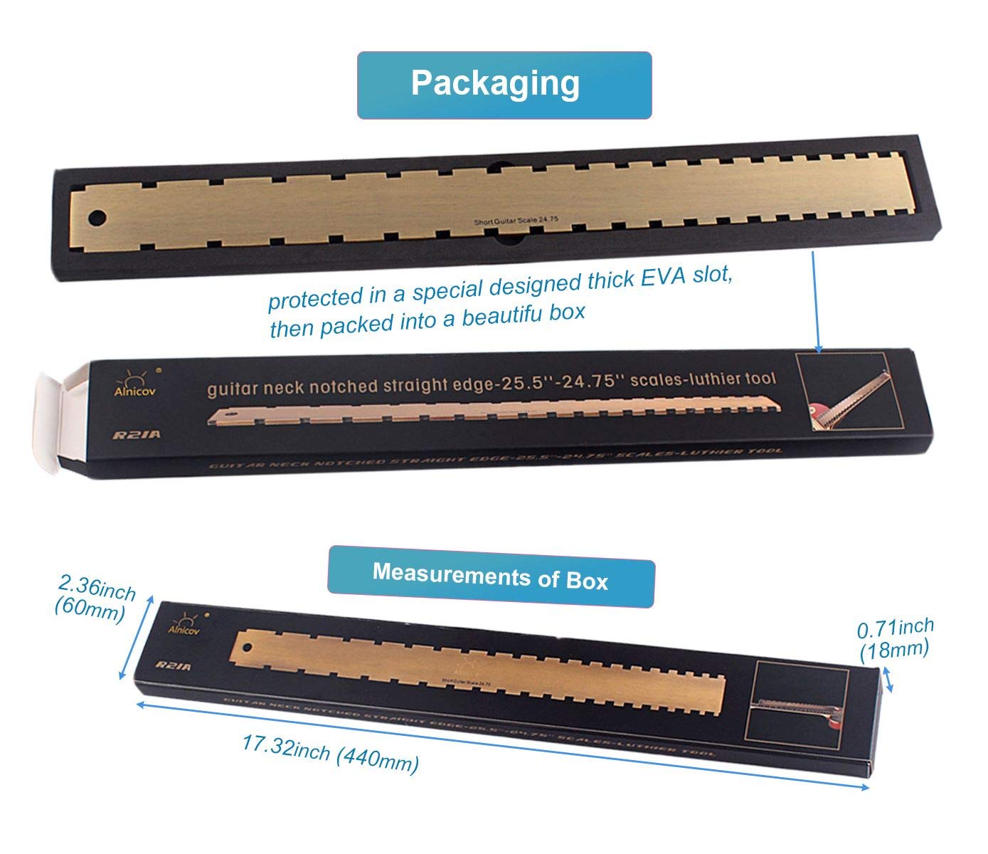 Notched Guitar Neck Straight Edge, Dual-scale Guitar Repair Tool for Scale Length 24.75in and 25.5in, Aluminium Guitar Fretboard Leveling Kit,Guitar Maintenance Tool for Luthiers, Bronze