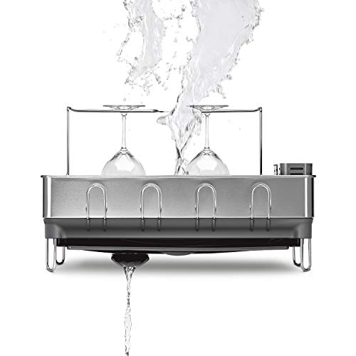 simplehuman Steel Frame Kitchen Dish Drying Rack With Swivel Spout, Fingerprint-Proof Stainless Steel Frame, Grey Plastic, 2020 Model
