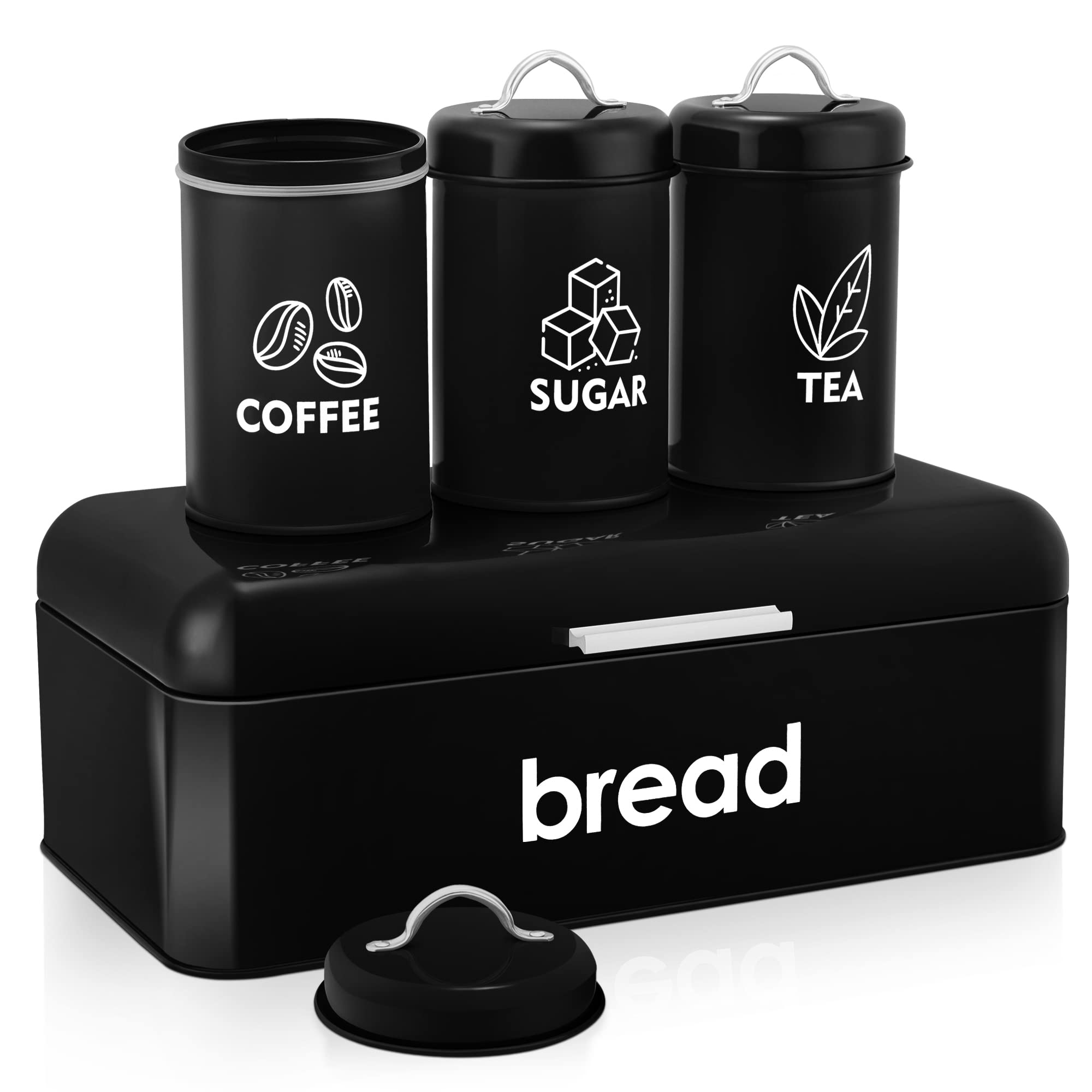 E-far Black Bread Box for Kitchen Counter, Vintage Bread Storage Container with 3 Matching Coffee Tea Sugar Canisters, Metal Bread Bin for Loaves, Muffins, Dry Food (16.7” x 9” x 6.4”)