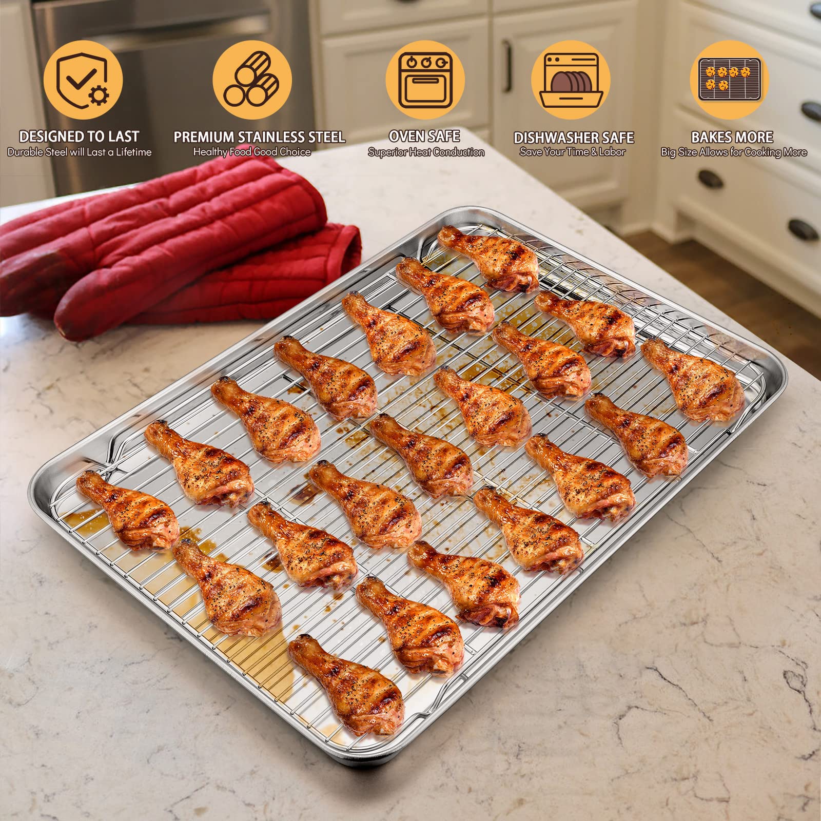 E-far Cookie Sheet with Rack Set, Half Sheet Baking Pan for Oven Cooking, 18βx13β Stainless Steel Rimmed Tray with Wire Cooling Rack for Roasting Broiling Bacon Meat Steak - Dishwasher Safe