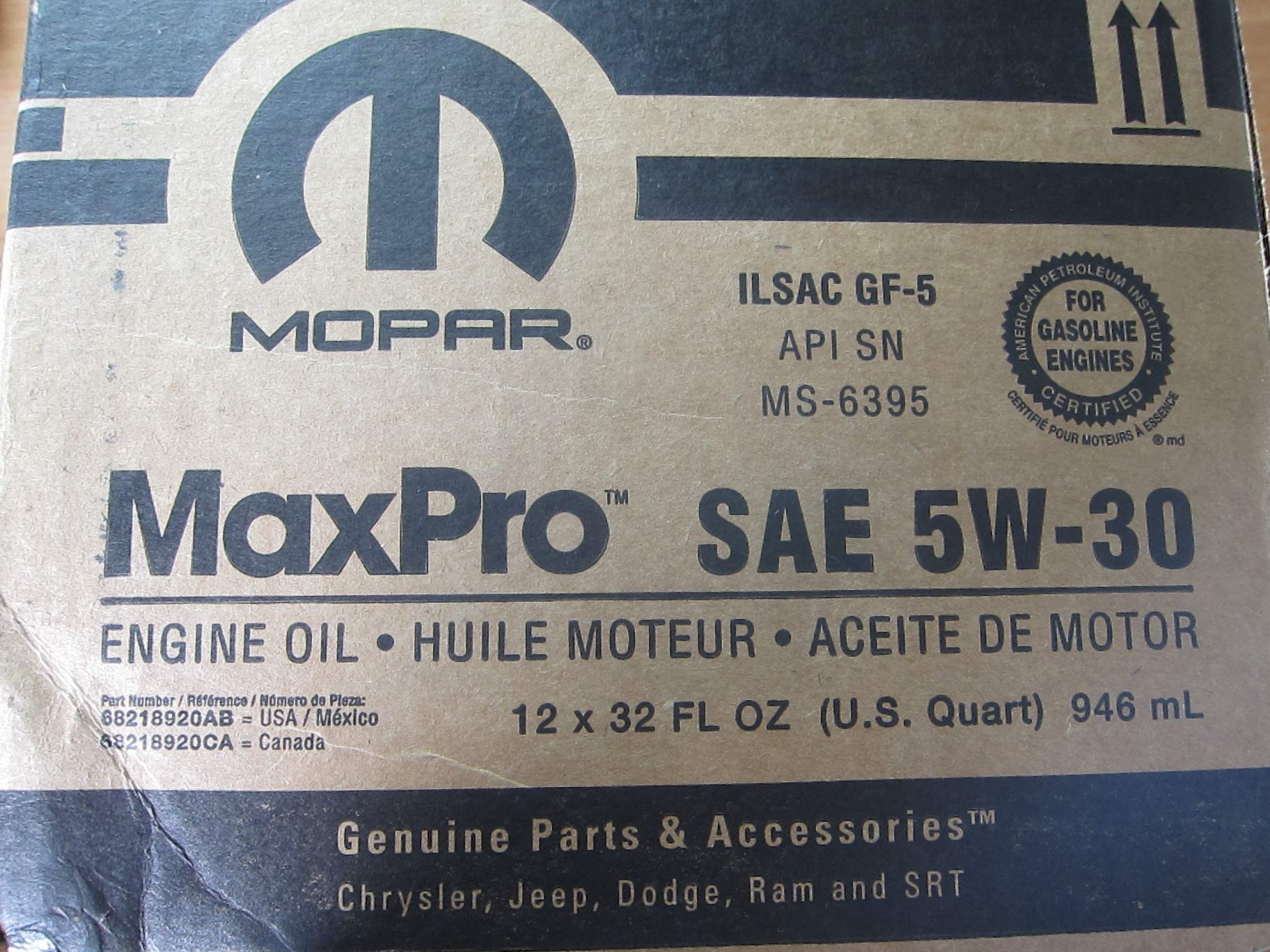 Mopar Chrysler Dodge Jeep Ram One Quart of SAE 5W-30 Maxpro Motor Oil New OEM