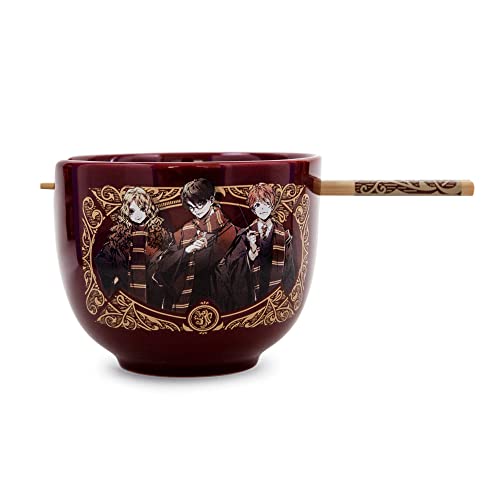 Harry Potter Anime Trio Japanese Ceramic Dinnerware Set | Includes 20-Ounce Ramen Noodle Bowl and Wooden Chopsticks | Asian Food Dish Set For Home & Kitchen | Wizarding World Hogwarts Gifts