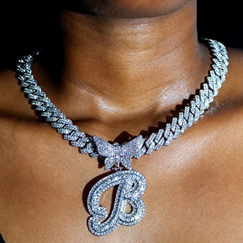 JNCTCOE Cuban Link Chain for Women Cursive Silver Initial 14MM Diamond Prong Cuban Chain Hip Hop Iced Out Chain Necklace Butterfly Initial Letter Name Necklaces for Women (K, Silver)