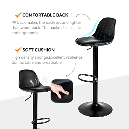 Miereirl Bar Stools Set of 2 Morden Height Counter Bar Stools with Polypropylene Back and Leather Seat,Swivel Adjustable Stool Chair for Home Kitchen Island-Black