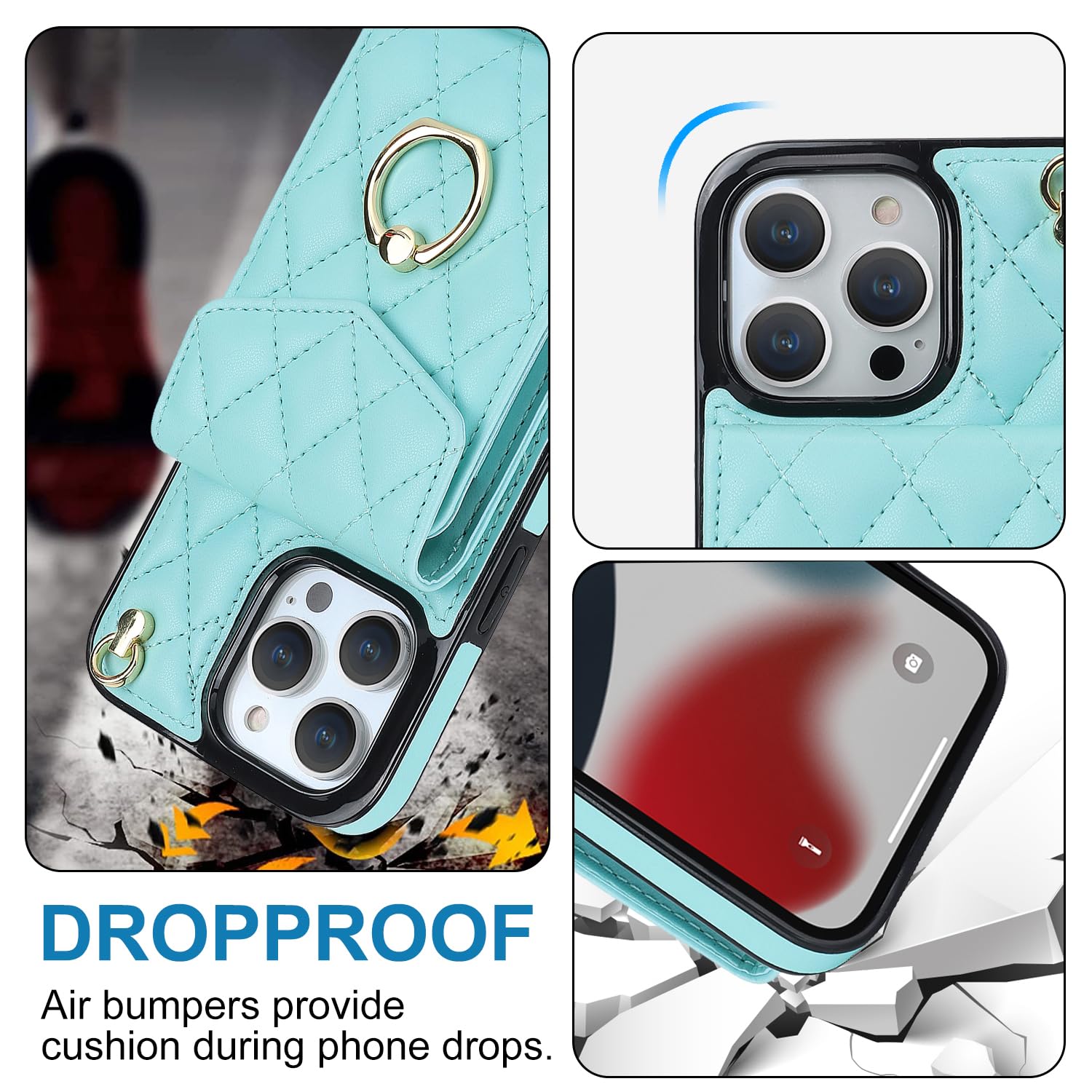 CHENRLIAN Compatible with iPhone 15 Pro Max Wallet Case, with Card Holder,Crossbody Case with Strap Wrist,Protective Leather Case with Ring for Apple iPhone 15 Pro Max, 6.7", 2023(Mint Green)