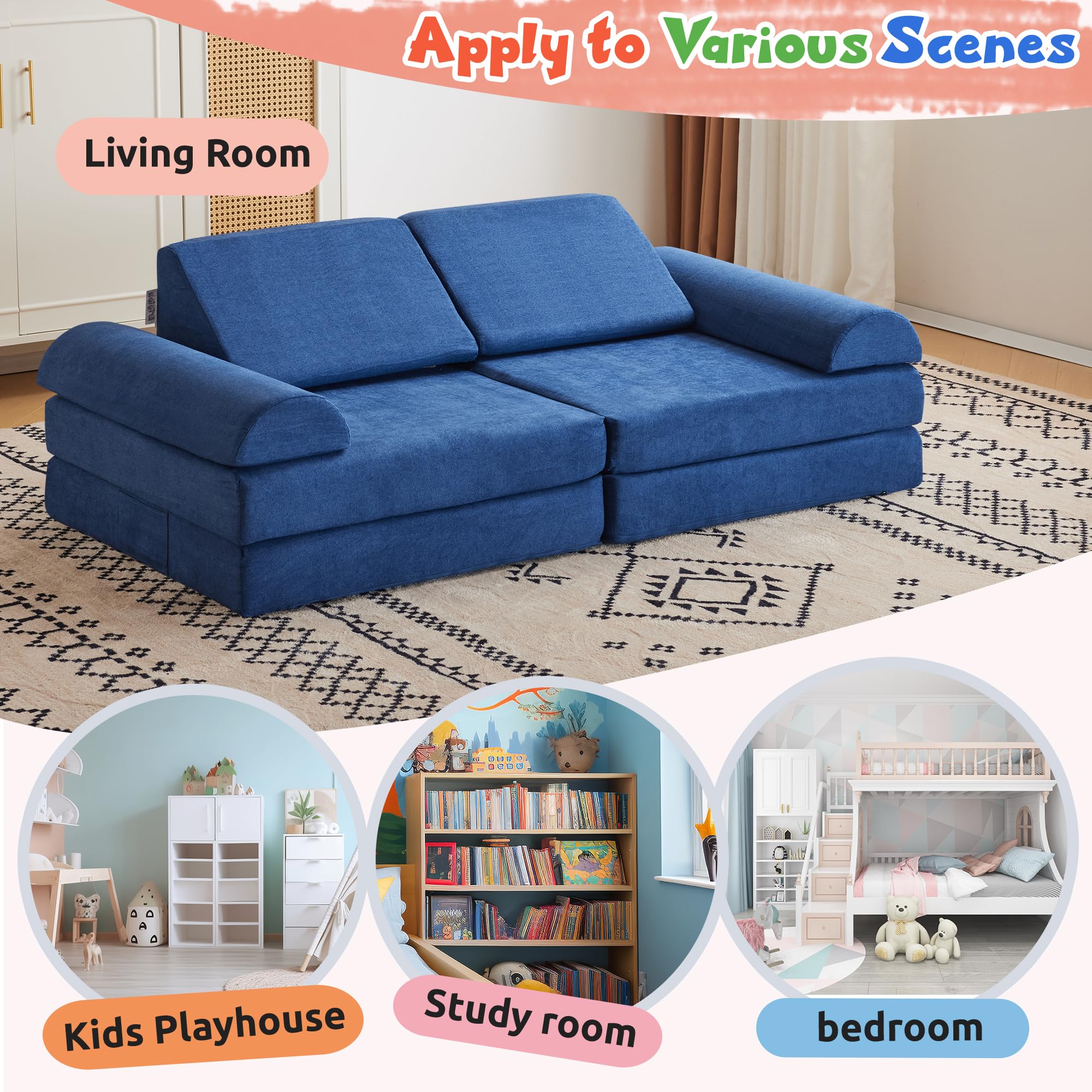 Erigiak 2024 Kids Couch Play Couch Large, Miss Fabric Modular Foam Couch Floor Sofa Soft Play Equipment for Kids, Convertible Sofa Couch and Kids Playhouse