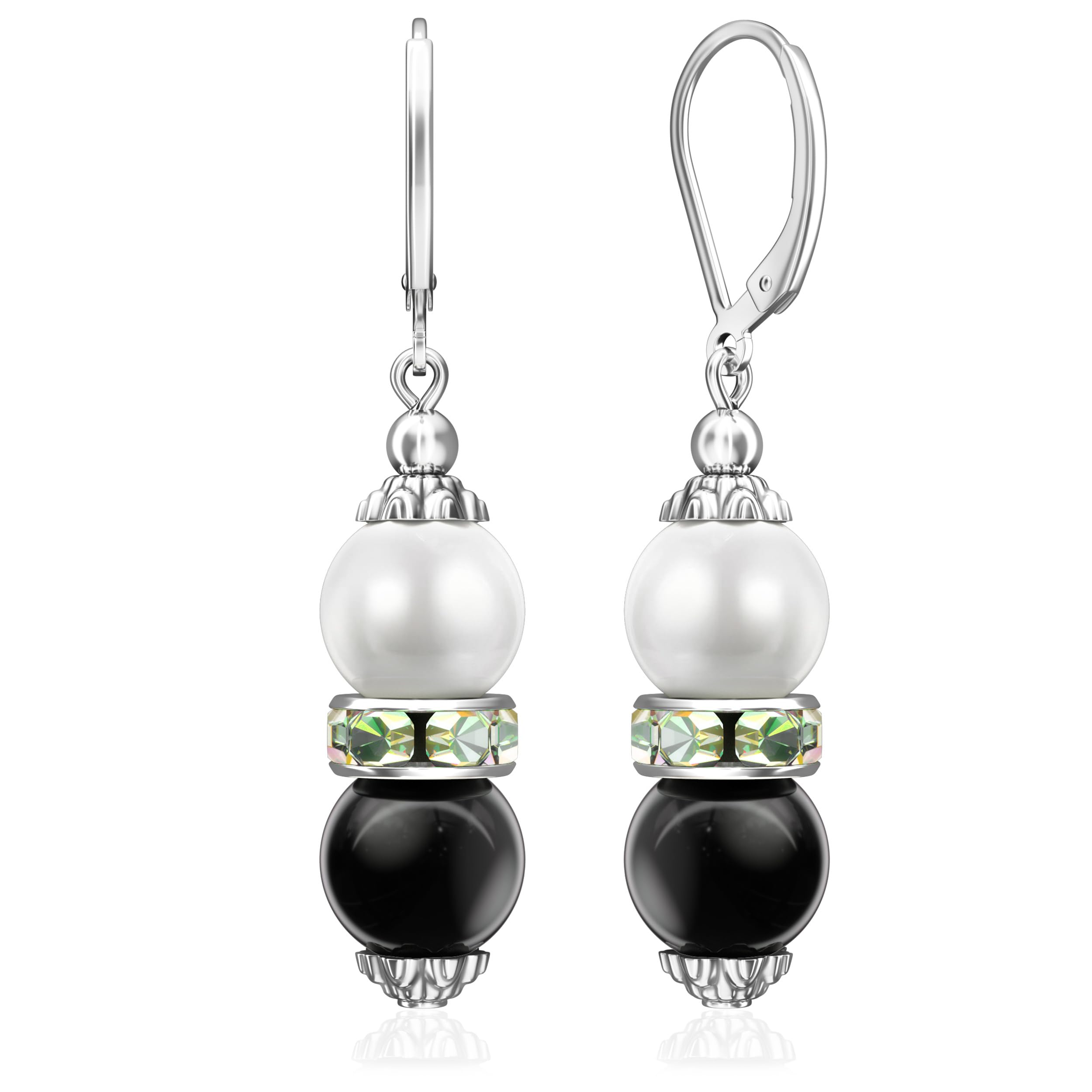 Black White Glass Pearl Earring Sp Leverback Handcrafted Rhinestone Earrings For Women Set + Gift Box For Free