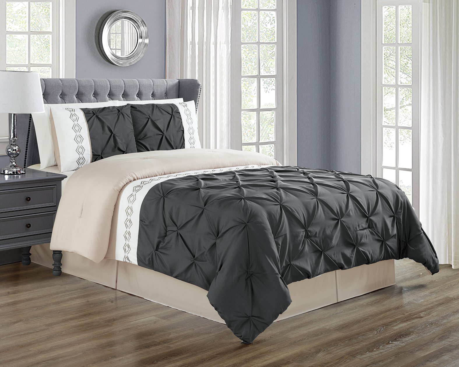 Grand Linen 3 Piece Queen Size Dark Grey/Grey/Gray Double-Needle Stitch Puckered Pinch Pleat-Embroidered Duvet Cover Set