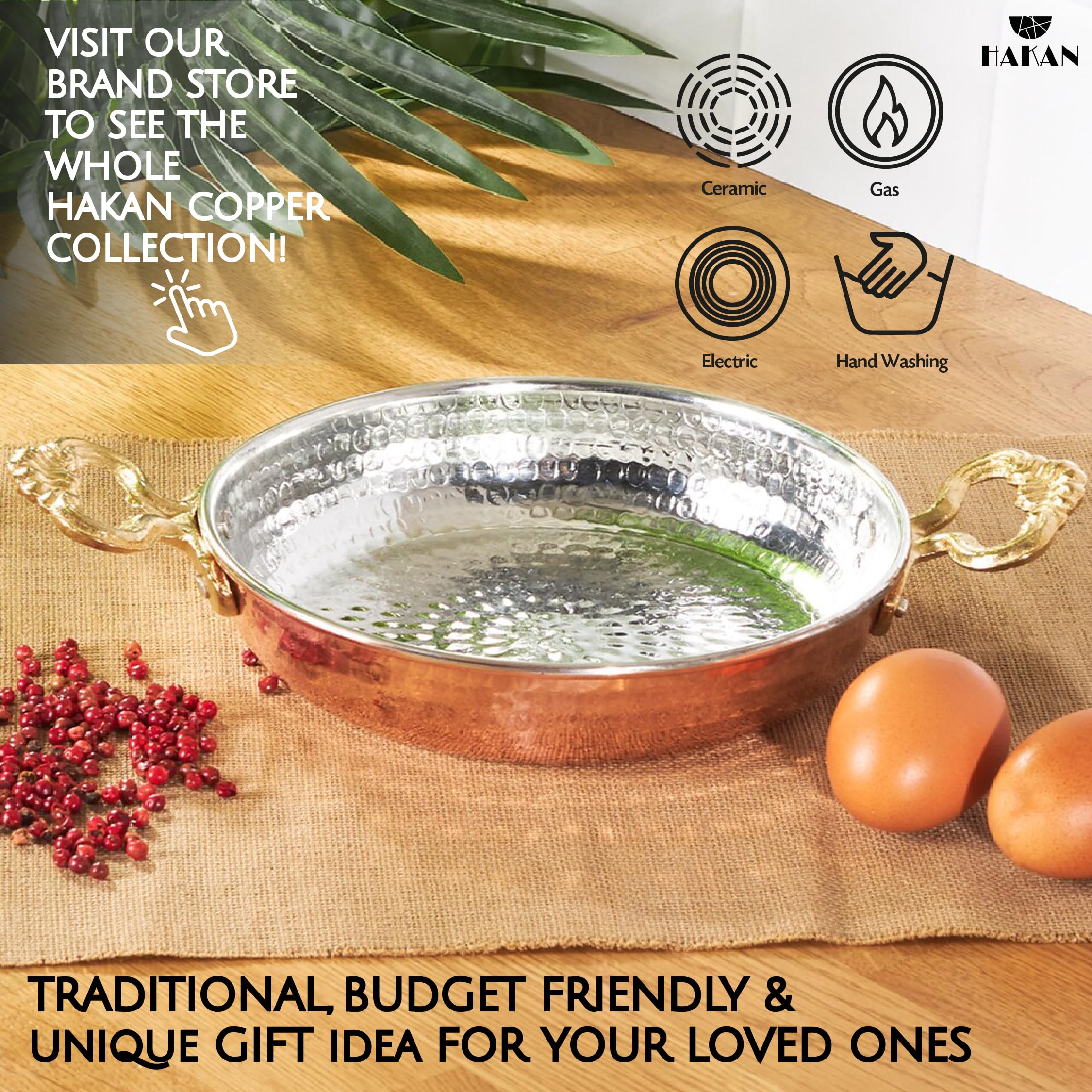 Hakan Copper Round Chef Pan | Traditional Ottoman Style Handmade Copper Frying Pan | Authentic Design Copper Cookware | Hand-Crafted Hammered Copper Sahan | Turkish Egg Omelet Skillet, 7β