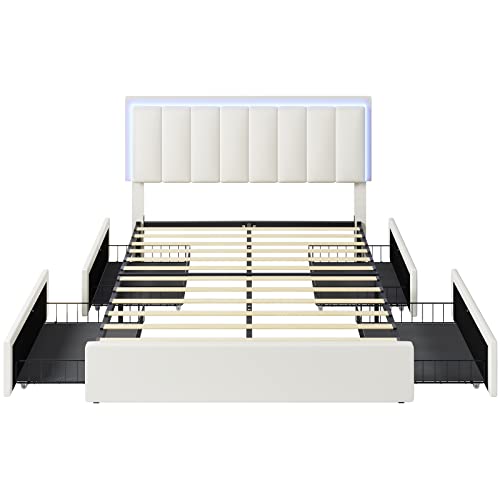 Hasuit Queen Bed Frame with 4 Storage Drawers, LED Light Queen Size Platform Bed with Charging Station, Artificial Leather Upholstered Bed with Adjustable Headboard, No Box Spring Needed