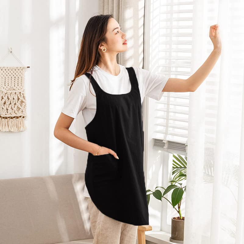 Cotton Cross Back Aprons Solid Color Cooking Kitchen Garden Smock for Women Girls with Pockets (Black, 37Wx 32L)