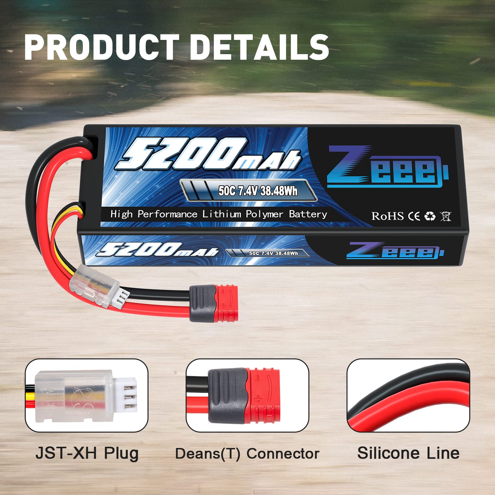 Zeee 2S Lipo Battery 5200mAh 7.4V 50C Deans T Plug with Housing Hard Case Battery for 1/8 1/10 RC Vehicles Car Slash RC Buggy Truggy RC Truck Racing Hobby(2 Pack)