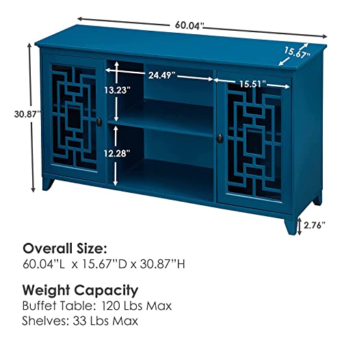 KIVENJAJA Buffet Cabinet with Storage, 60” Sideboard with 2 Glass Doors and Adjustable Shelves, Coffee Bar Table Credenza for Kitchen, Dining Room, Entryway, Living Room (Teal Blue)