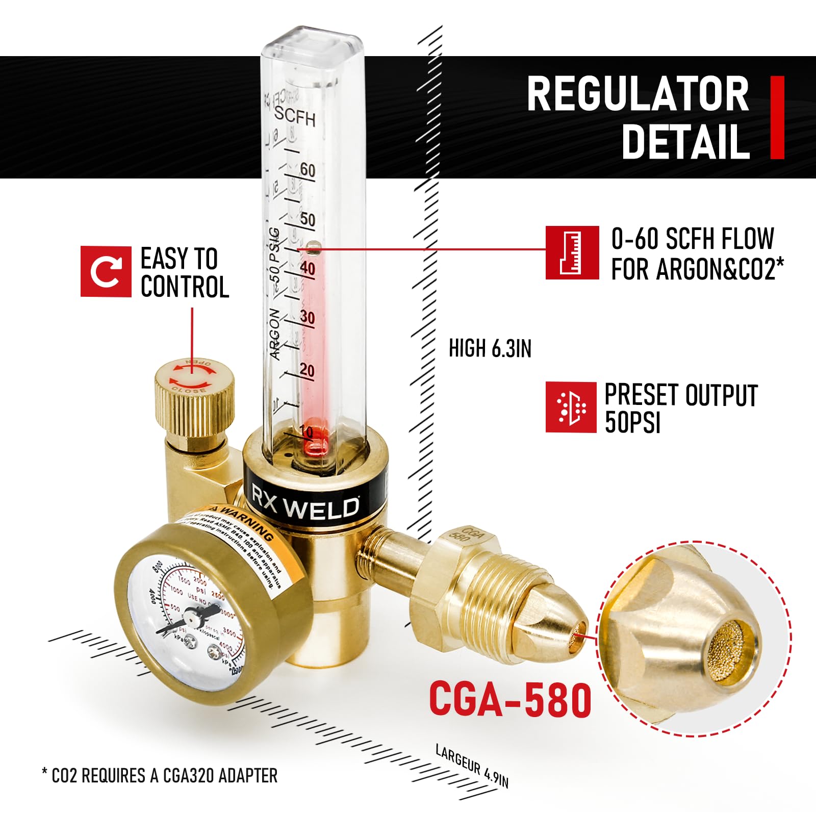 RX WELD Argon Regulator Flowmeter Gas Gauge for Mig Tig Weld with Gas Welding Hose